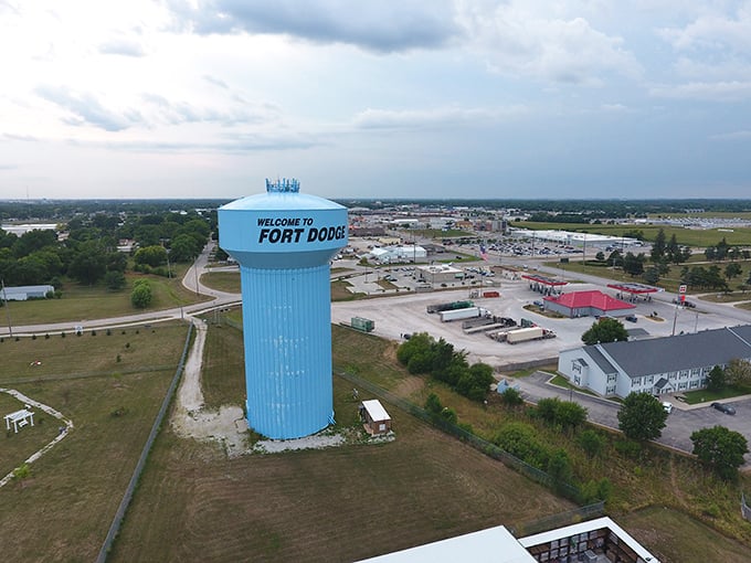 Fort Dodge's iconic blue water tower &ndash; a beacon signaling travelers to a land of reasonable gas prices.