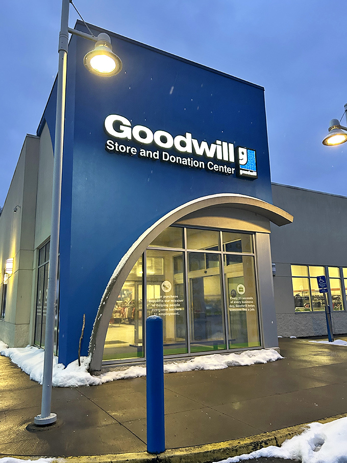 Goodwill's modern blue entrance creates an inviting gateway to Morgantown's premier thrift shopping experience. 