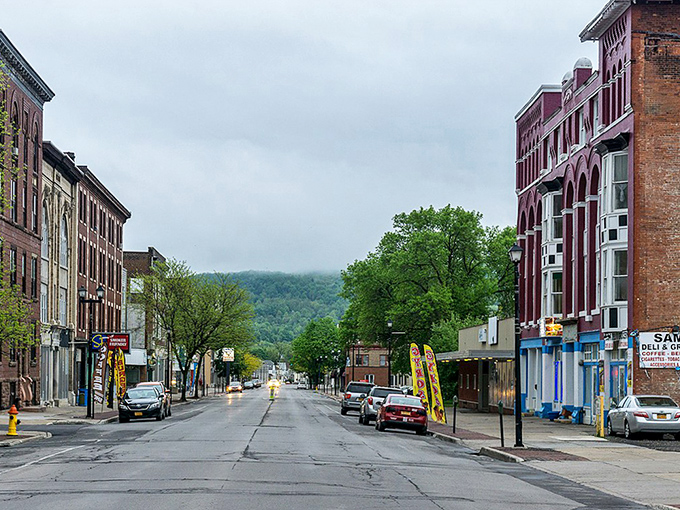 Downtown Herkimer feels cozy and full of character, with charming old buildings, friendly shops, and peaceful mountain views ahead.