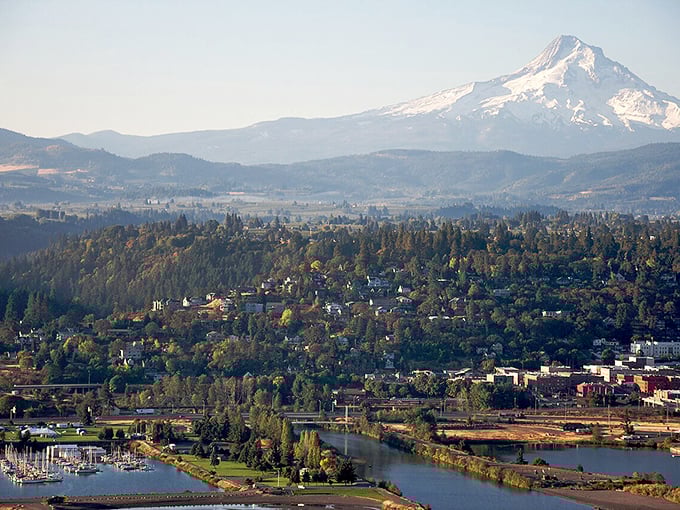 Mount Hood photobombs every picture here, and honestly, nobody minds one bit because the mountain earned it.