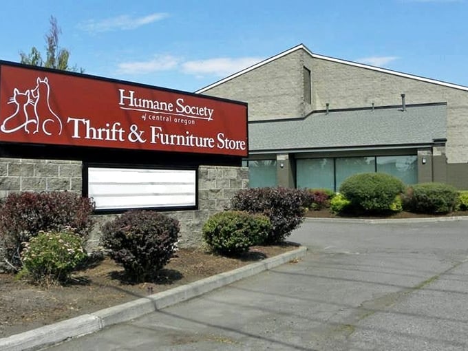 The Humane Society's distinctive red sign reminds shoppers that their bargain hunting helps furry friends too.