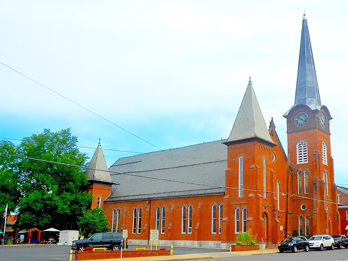A beautiful brick church with tall spires stands proudly in Huntingdon, offering timeless charm and a warm community spirit.