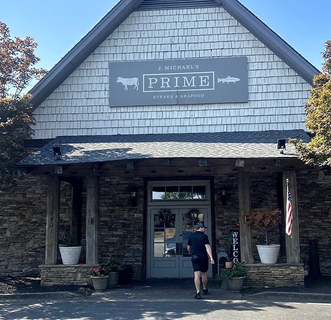 J. Michael's Prime: "Mountain lodge meets meat sanctuary. The stone facade hints at the rustic elegance and prime cuts waiting inside."