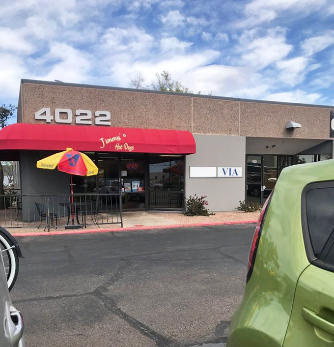 Jimmy's Hot Dogs' cheerful red awning brightens any day. Inside, hot dog simplicity reaches its delicious peak.