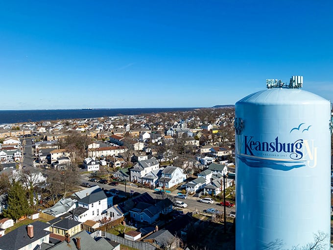 Keansburg's iconic water tower watches over a patchwork of homes like a friendly neighborhood sentinel.
