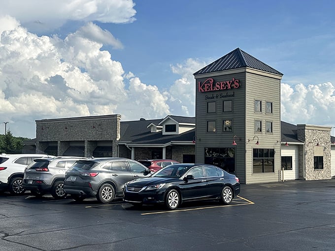 Kelsey's tower stands like a lighthouse, guiding hungry travelers to a safe harbor of delicious steaks.