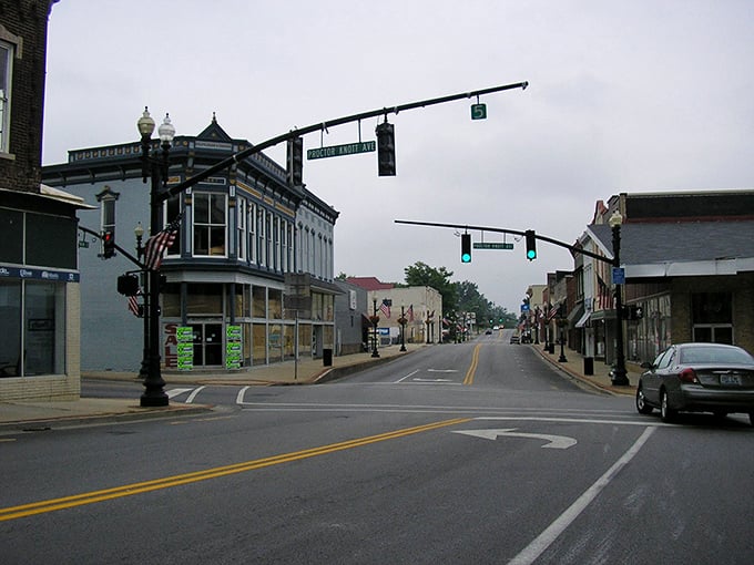 Uphill opportunity! Lebanon's historic intersection invites exploration with its blue-gray architectural gem standing sentry at the corner, like a small-town version of "Hill Street Blues" set.