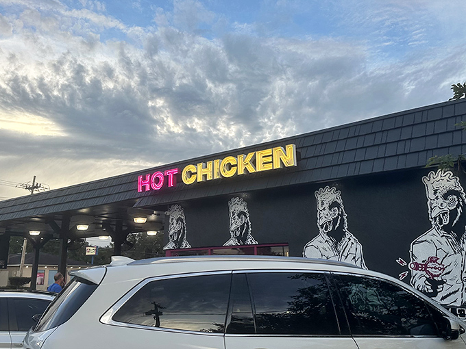 That pink neon glow isn't just eye-catching - it's a beacon calling all chicken lovers home.
