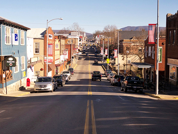 Luray's main drag showcases mountains in the distance. Nature's backdrop comes free with every affordable apartment rental.