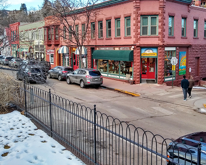 Even in winter&rsquo;s chill, Manitou Springs&rsquo; vibrant storefronts glow with mountain-town charm.