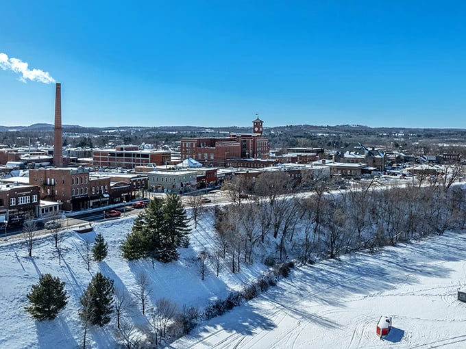 Menomonie's aerial view reveals a town that grew organically around the river's natural curves.