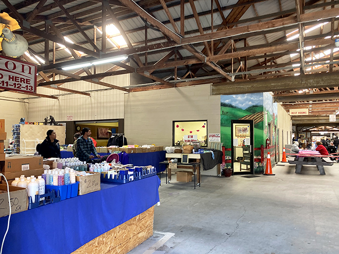 Miller's Flea Market's rustic interior - where fluorescent lighting somehow makes vintage treasures look even more authentic.