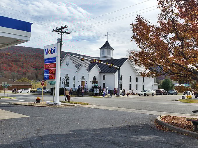A historic white church stands proudly in Monterey, where even the gas station seems to have dressed up for Sunday service.