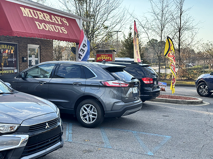 Murray's red awning stands out like a tasty mirage in a desert of chain restaurants. Real donuts made by real people!