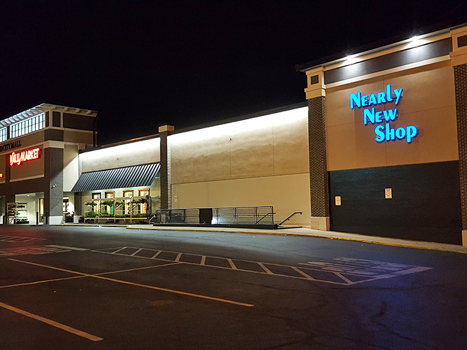 Nearly New Shop glows at night like a beacon for bargain hunters. Midnight treasure hunting never looked so inviting!