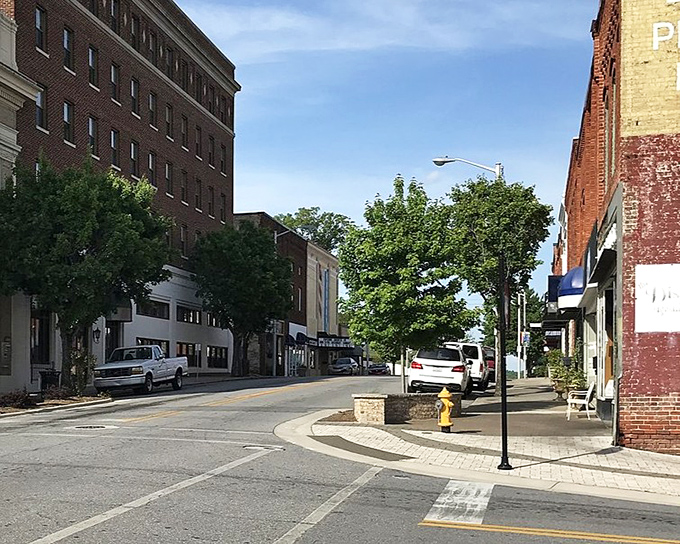 Downtown North Wilkesboro feels warm and welcoming, with brick buildings, shady trees, and that unmistakable small-town North Carolina charm.