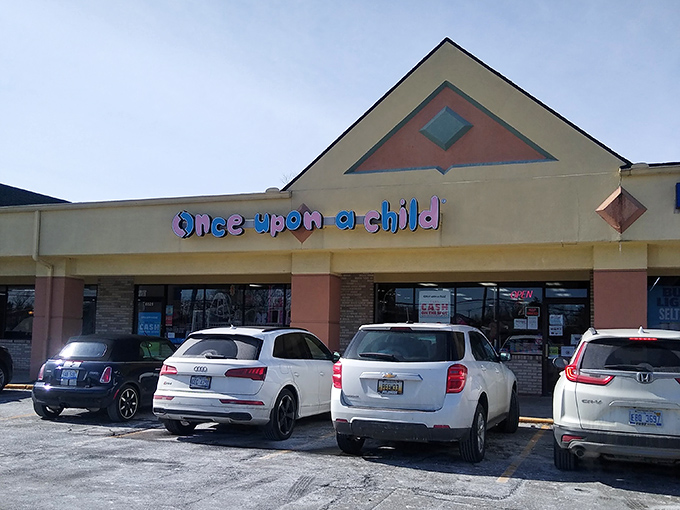 The playful house-shaped design with colorful lettering perfectly captures the joy of finding children's treasures at unbeatable prices.