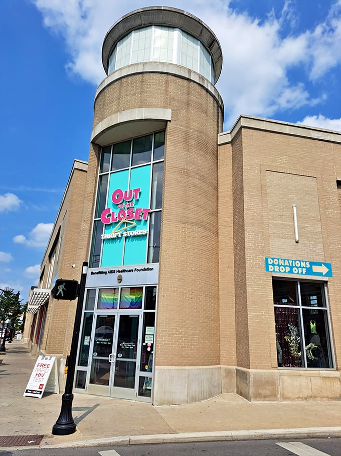 Out of the Closet's modern cylindrical design brings upscale vibes to the thrift shopping experience downtown.