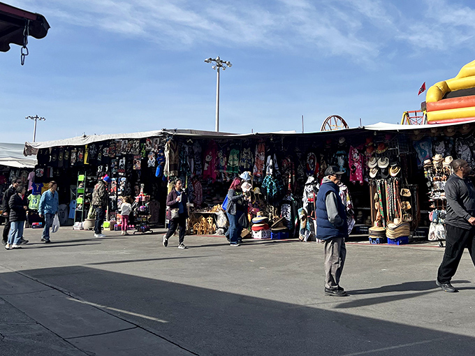 Rows of outdoor vendor stalls create a bustling marketplace where treasure hunters stroll leisurely under wide open skies.