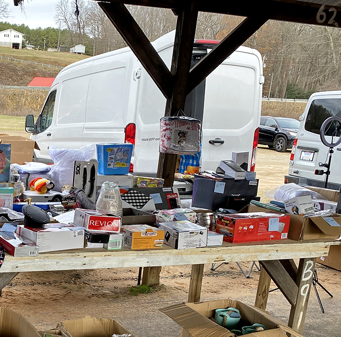 Outdoor vendor setups prove that serious bargain hunting happens rain or shine, passion never sleeps.