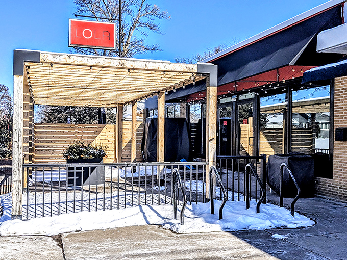 Pizzeria Lola's snow-dusted patio stands ready for brave winter diners &ndash; great pizza waits for no season in Minnesota.