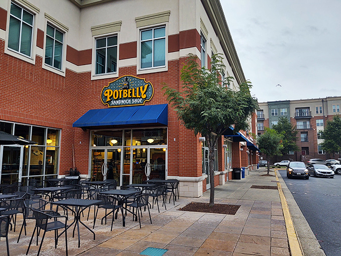 Potbelly's cheerful brick exterior draws college students and locals craving toasted sandwiches and thick milkshakes.