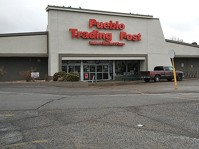 That red lettering promises indoor comfort while you hunt for western treasures and southwestern charm.