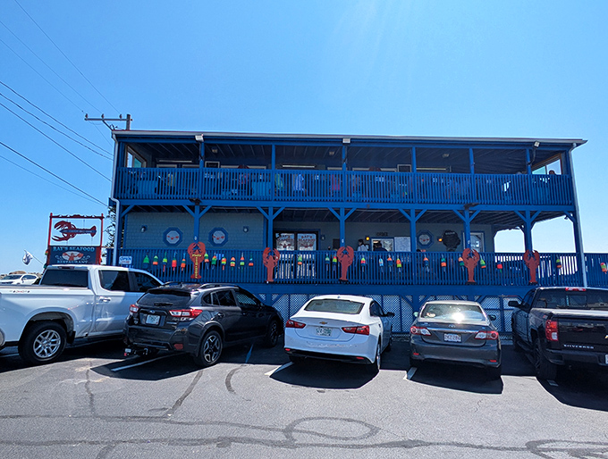 Two stories of seafood heaven, where the blue paint job matches the ocean views perfectly.