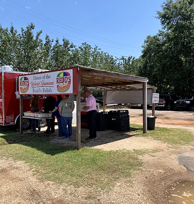 Redd's simple wooden shelter and trailer setup is the hot dog equivalent of "don't judge a book by its cover."