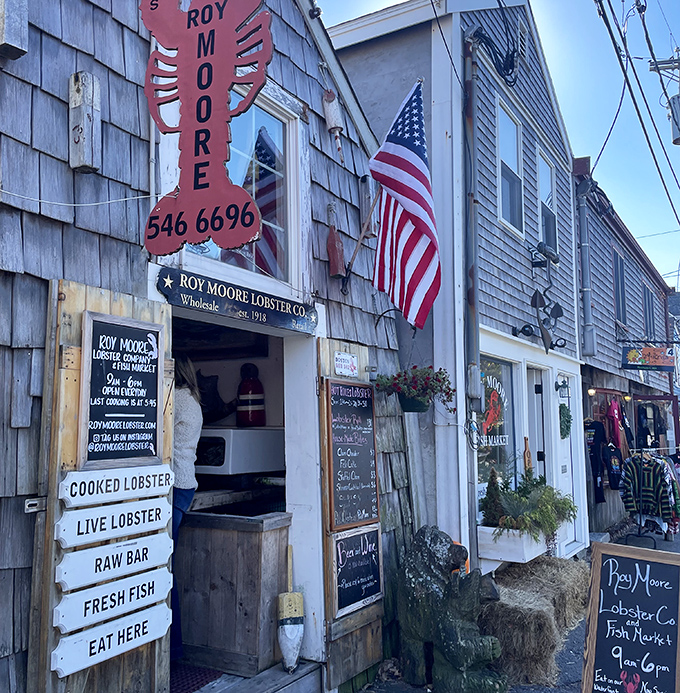 Roy Moore's weathered shingles and lobster signs create the perfect backdrop for Rockport's freshest seafood treasures.