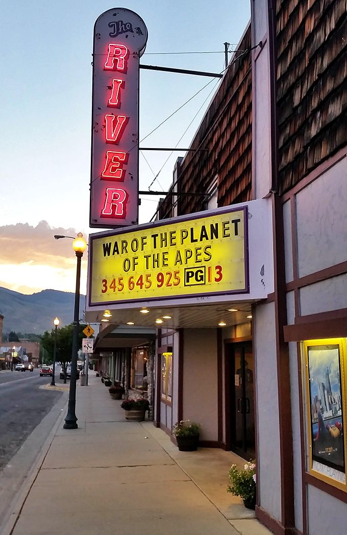 Salmon's classic theater marquee glows like a beacon of small-town entertainment, where movies feel more magical somehow.