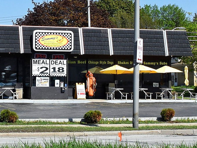 Sammy's black-and-white checkered sign promises a taste of Chicago that delivers with every bite.