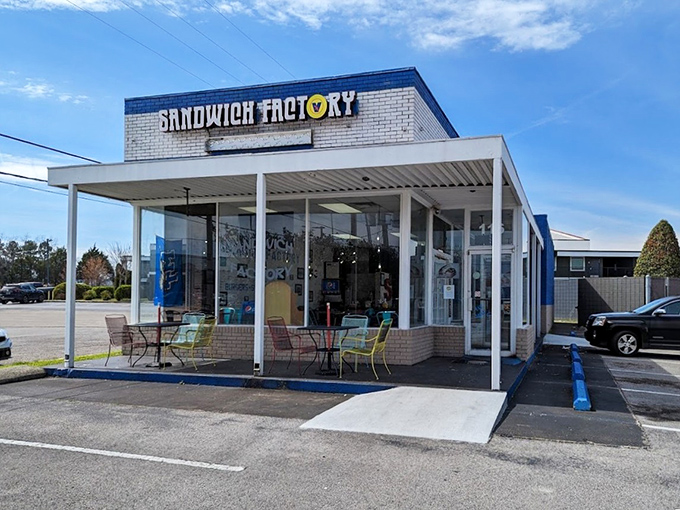 Sandwich Factory's blue and white building has a charming retro vibe that takes you back to simpler sandwich times.