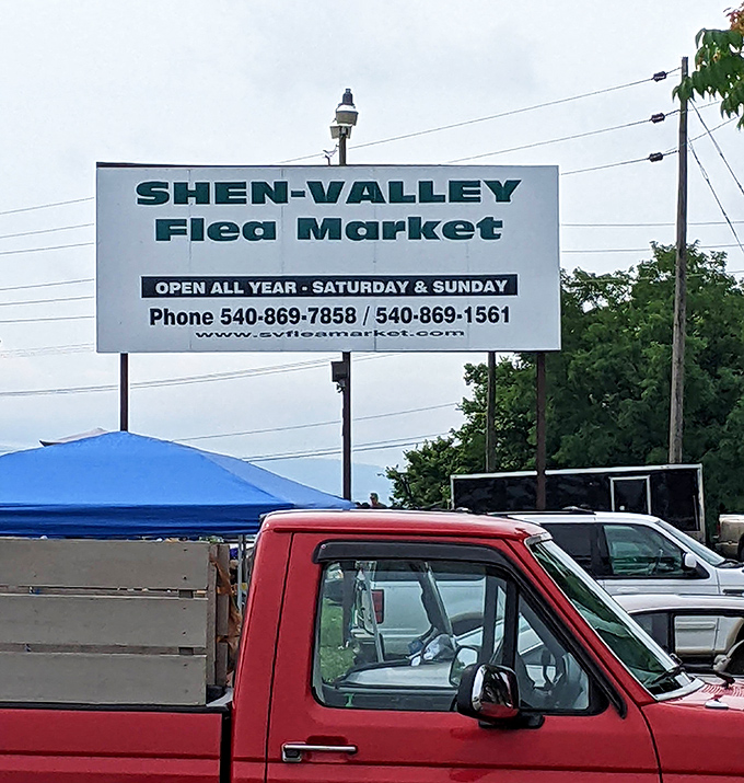 The simple sign announces weekend adventures where serious collectors and casual browsers find common ground.