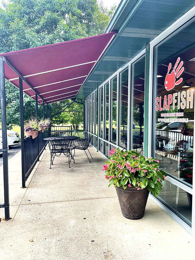 Slapfish's covered patio practically begs you to enjoy a lobster roll al fresco. Those flowers aren't the only colorful thing here!