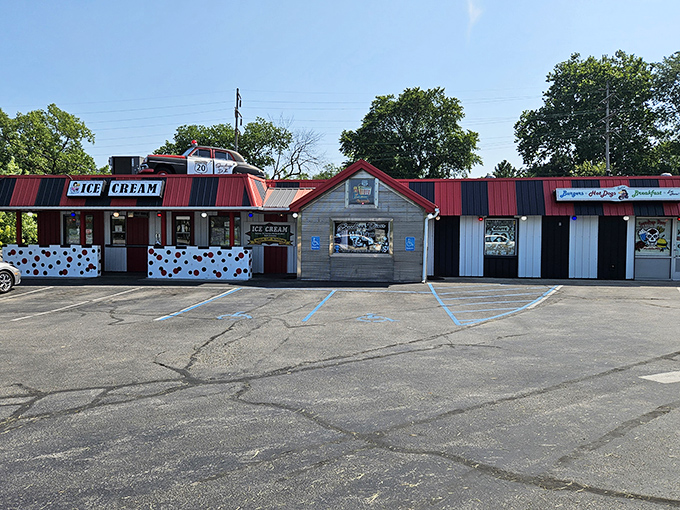 Speedtrap Diner's whimsical polka dots and red roof promise sweet treats and zero actual speeding tickets.
