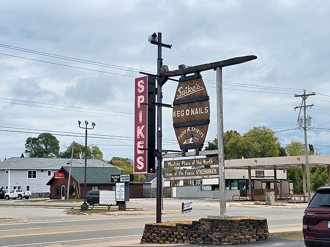 Spike's rustic charm and vintage signage create the perfect northwoods atmosphere for serious burger satisfaction.