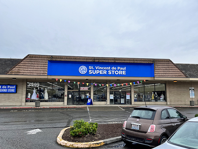 Classic thrift store architecture that promises serious bargains behind those welcoming blue doors.