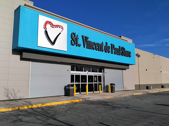 St. Vincent de Paul's bright blue sign beckons like a thrifting lighthouse guiding ships full of bargain hunters.