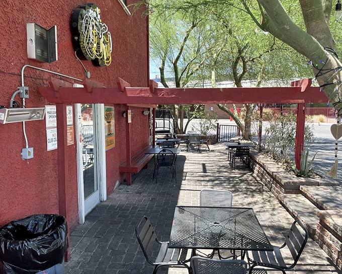 Stay Tuned Burgers' patio offers a shaded respite from the Nevada heat. Where burger dreams and desert breezes meet.