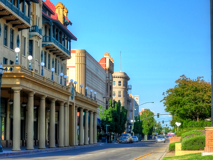 Historic architecture lines the streets of Stockton's downtown, offering affordable urban living with beautiful historic buildings and tree-lined avenues.