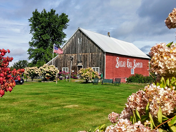 Sugar Hill's iconic red barn stands proudly among flowers, like the world's most perfect jigsaw puzzle come to life.