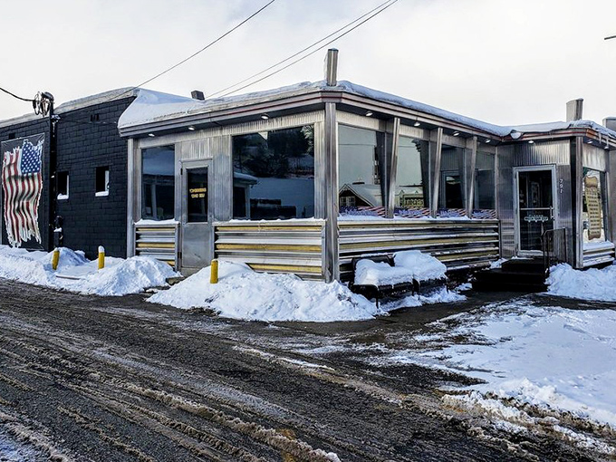 Summit Diner's classic stainless steel curves gleam like a chrome-plated promise of breakfast perfection ahead.