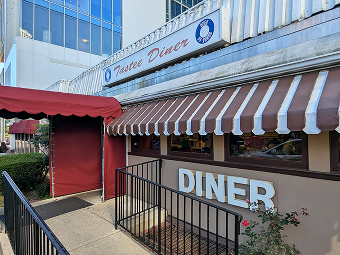 Tastee Diner's classic striped awnings and retro signage transport you back to simpler times.