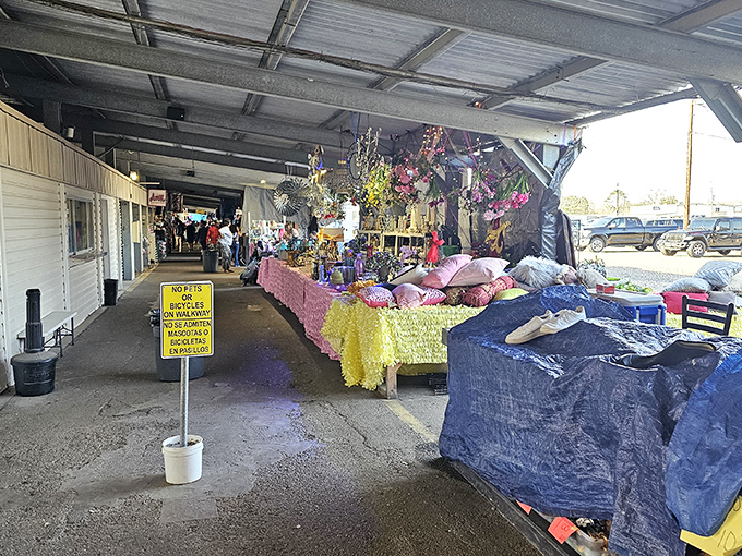 The covered walkway creates a shopping mall atmosphere where international flavors meet Louisiana hospitality perfectly.