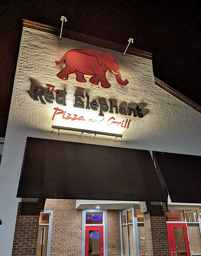 The Red Elephant's illuminated sign glows like a beacon for pizza lovers after dark. Follow the red pachyderm to flavor town!