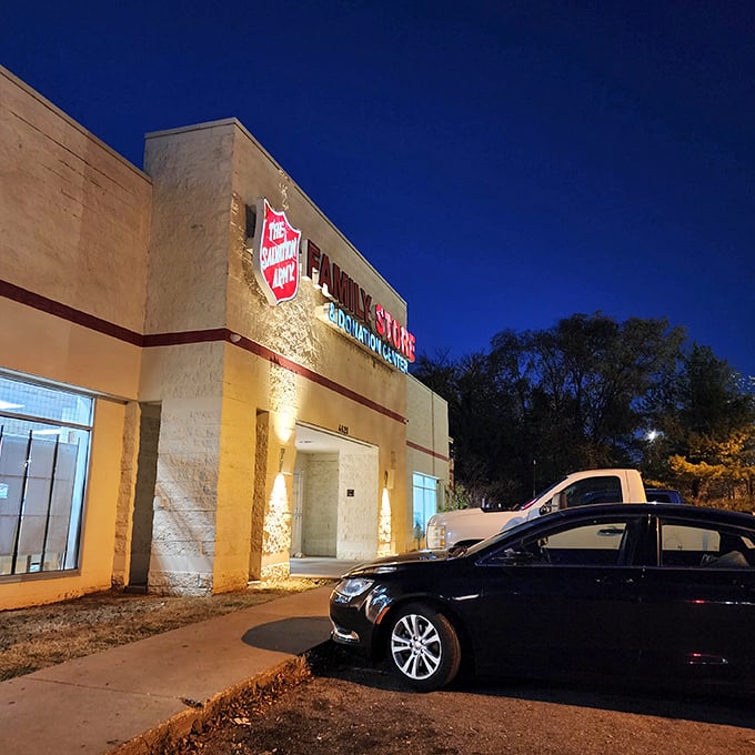 Even after dark, this Salvation Army store shines like a beacon for night owls seeking last-minute bargains.