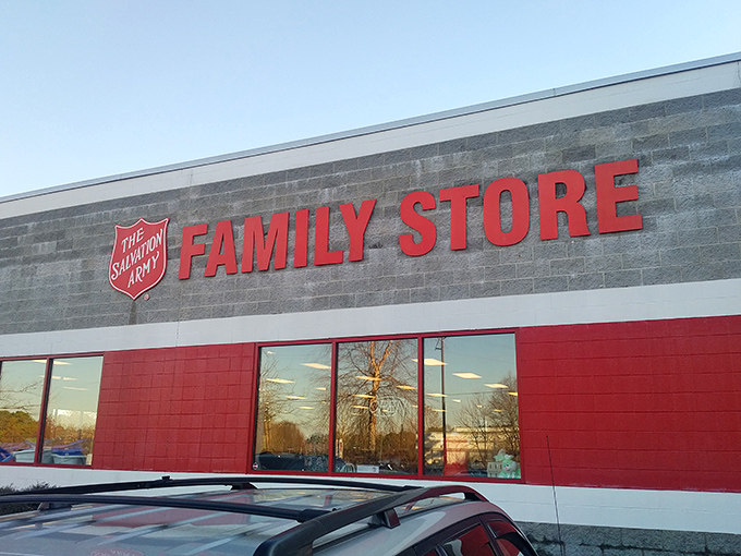 The Salvation Army's signature red makes thrift shopping feel like joining a community mission of kindness and care.