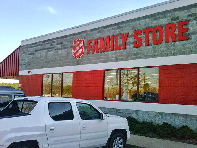 The Salvation Army's bold red and gray exterior makes a statement in Raleigh. Like a fire station for fashion emergencies and furniture needs!