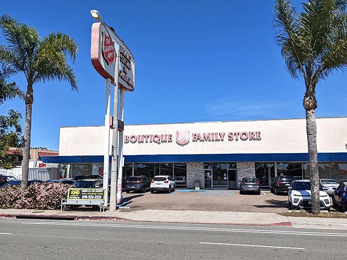 The Salvation Army's classic red shield logo signals a treasure trove where community service meets incredible secondhand savings.